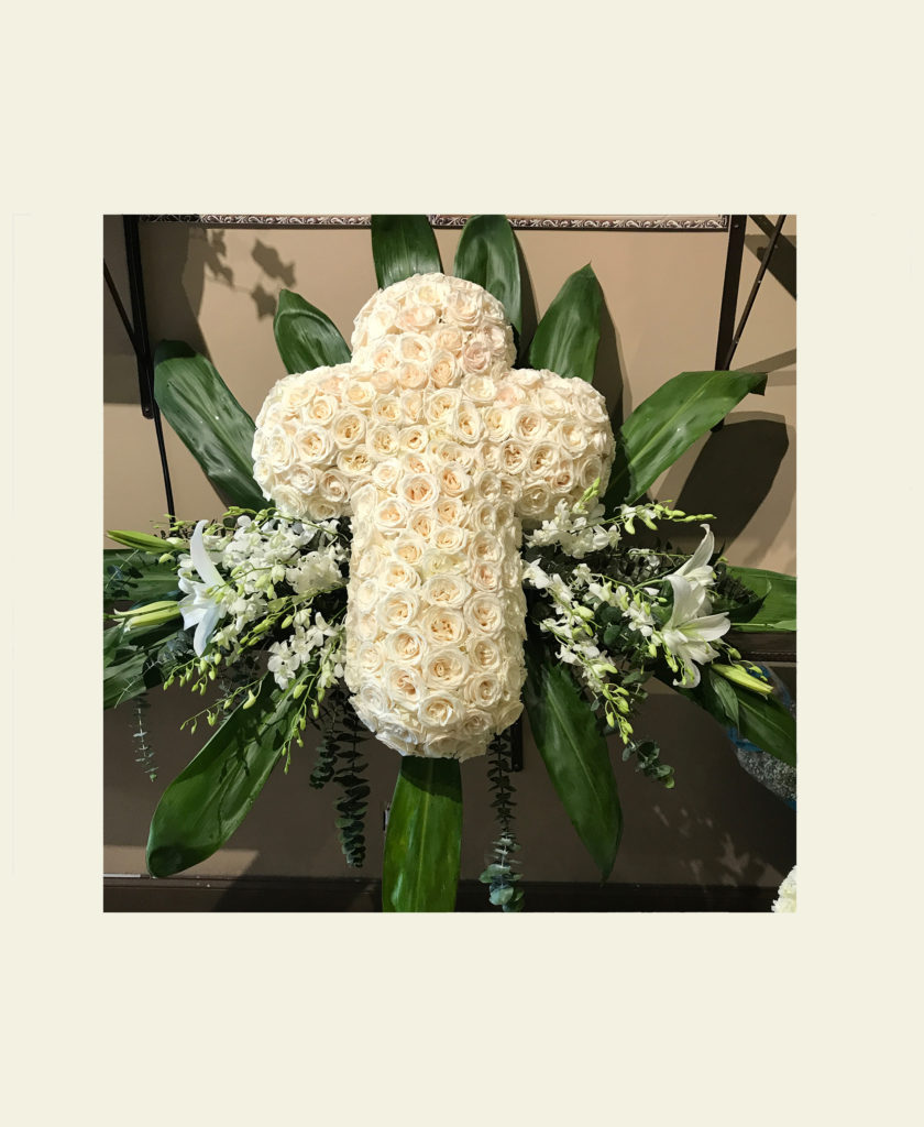 CS1510: White Rose Cross Casket Spray - Floral Fantasy US